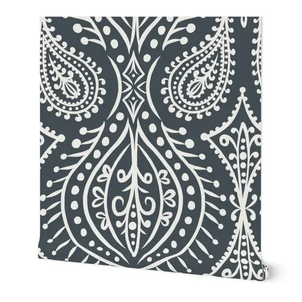 Spoonflower Marrakech Paisley Slate Jumbo Scale 100% Natural Sisal Grasscloth Wallcovering - Blue,grey