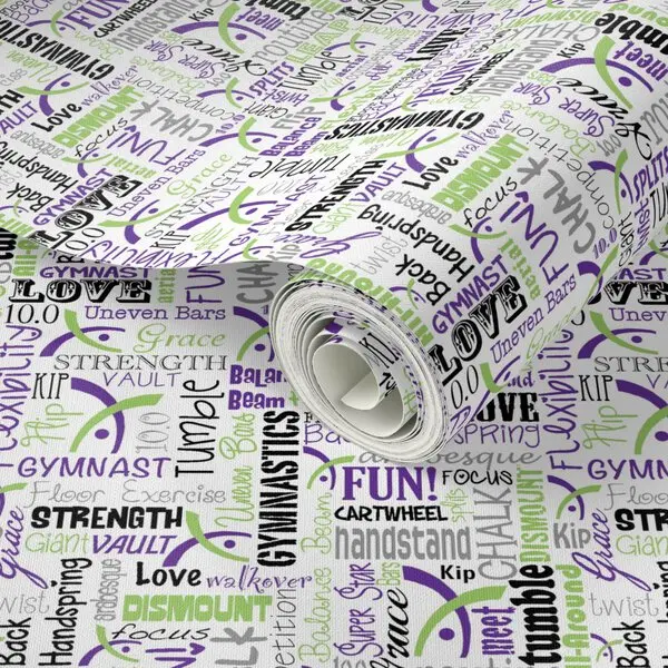 Spoonflower Black White Green Purple Lime Gymnastics Custom Pre-pasted Wallpaper - Gray,purple