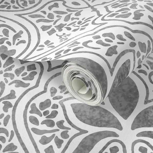 Spoonflower White Persian Ikat Silver Custom Removable Wallpaper - Gray,white,silver