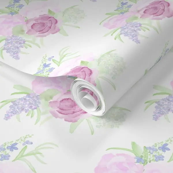 Spoonflower Pink Green Blue Floral Purple Victorian Traditional Wallpaper - White,pink,green