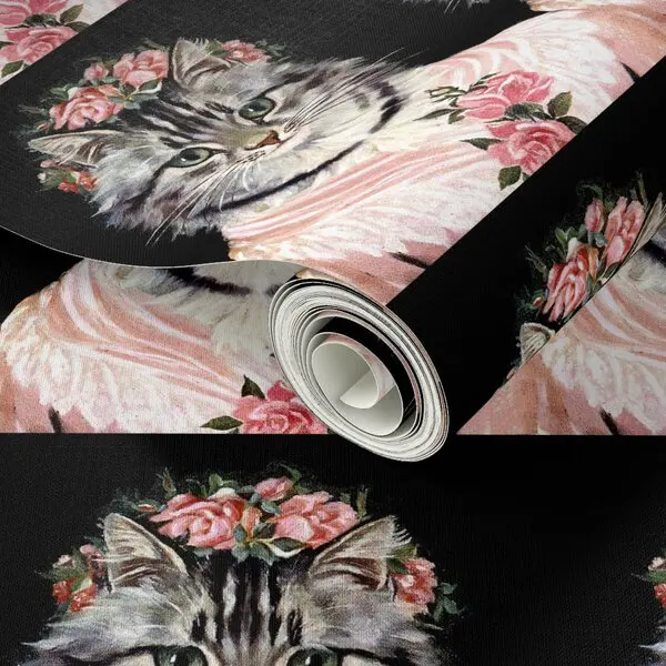 Spoonflower Floral Crowns Victorian Roses Cats Maine Coon Custom Pre-pasted Wallpaper - Brown,gray,red