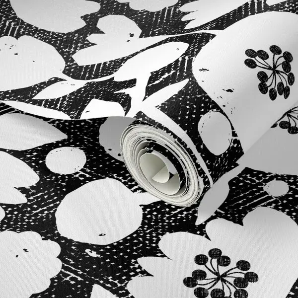 Spoonflower Flowers Black White Floral Woodcut Folk Block Custom Removable Wallpaper - Black,white,gray