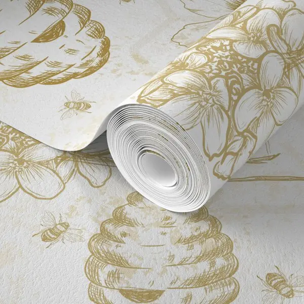 Spoonflower Yellow Flowers Mustard Bee Honey Toile Custom Pre-pasted Wallpaper - White,gold,green