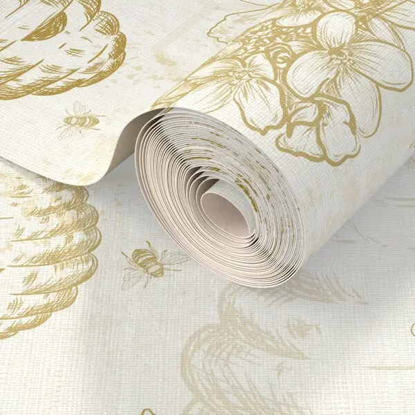 Spoonflower Yellow Flowers Mustard Bee Honey Toile Custom Pre-pasted Wallpaper - White,gold,green