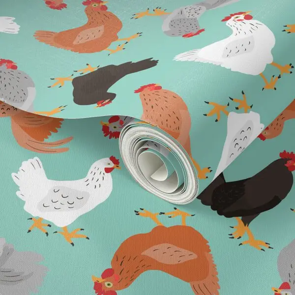 Spoonflower Blue Country Animals Farm Chickens Chicken Rustic Custom Pre-pasted Wallpaper - Teal,gray,pink