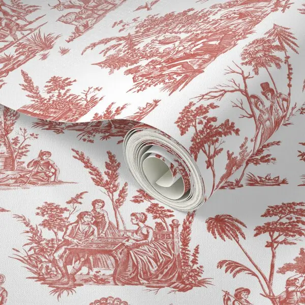 Spoonflower Toile Turkey Red White French Romantic Custom Removable Wallpaper - Red,white,pink