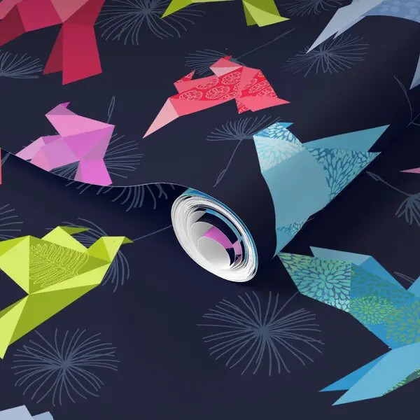 Spoonflower Birds Japan Origami Cranes Custom Removable Wallpaper - Blue,purple,pink