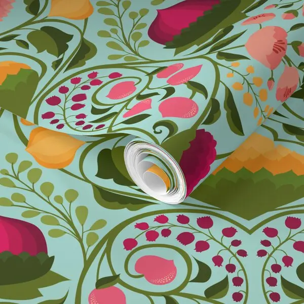 Spoonflower Spring Damask Raspberry Morris Flower Garden Pink Custom Pre-pasted Wallpaper - Green,pink,teal