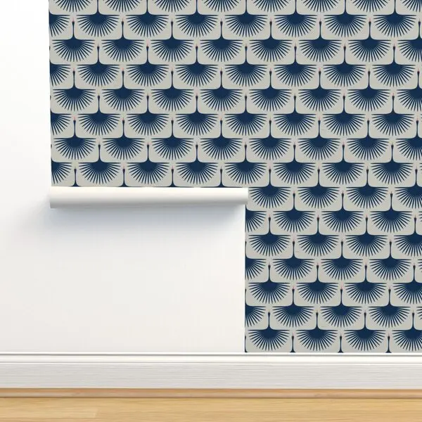 Spoonflower Art Deco Swans 100% Natural Sisal Grasscloth Wallcovering - Mint,blue,gray