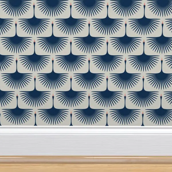 Spoonflower Art Deco Swans 100% Natural Sisal Grasscloth Wallcovering - Mint,blue,gray