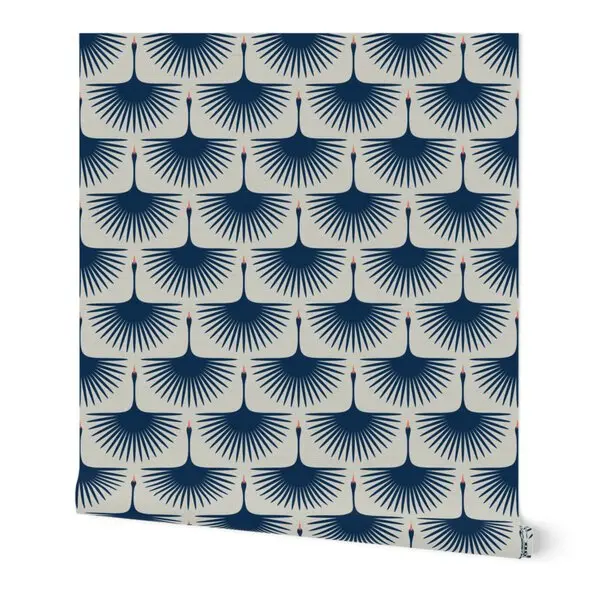 Spoonflower Art Deco Swans 100% Natural Sisal Grasscloth Wallcovering - Mint,blue,gray
