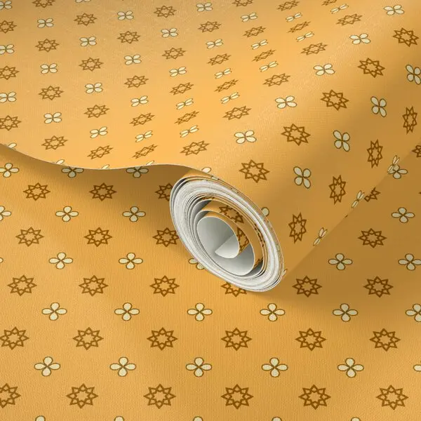 Spoonflower Vintage Yellow Nature Oriental Custom Pre-pasted Wallpaper - Yellow,brown