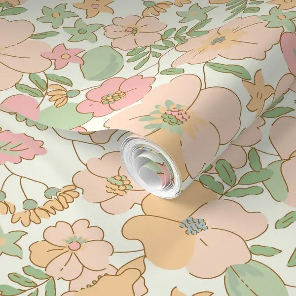 Spoonflower Pink Floral Peach Illustrated Vintage Flowers Custom Removable Wallpaper - Pink,orange,beige