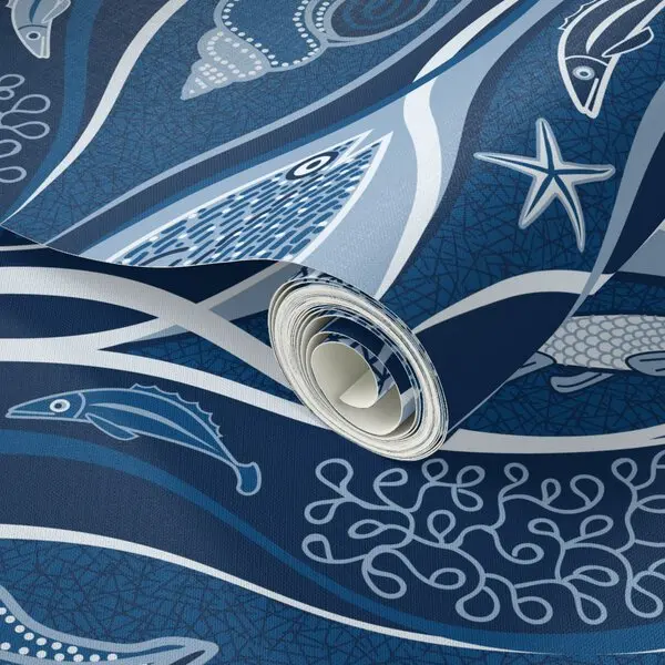 Spoonflower Ocean Life Classic Fish Sea Waves Abstract Custom Pre-pasted Wallpaper