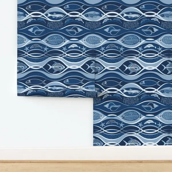 Spoonflower Ocean Life Classic Fish Sea Waves Abstract Custom Pre-pasted Wallpaper