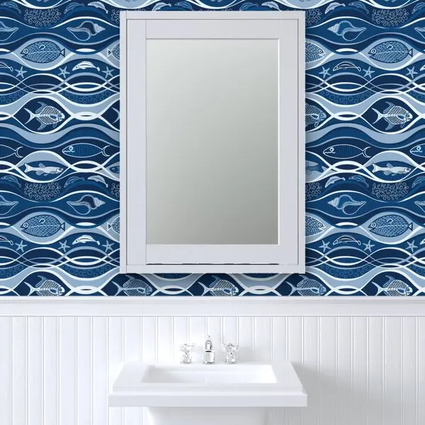 Spoonflower Ocean Life Classic Fish Sea Waves Abstract Custom Pre-pasted Wallpaper