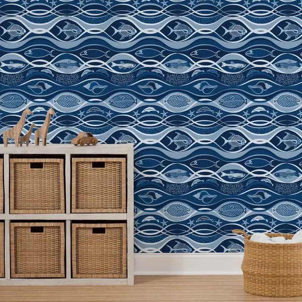 Spoonflower Ocean Life Classic Fish Sea Waves Abstract Custom Pre-pasted Wallpaper