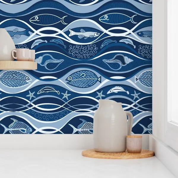 Spoonflower Ocean Life Classic Fish Sea Waves Abstract Custom Pre-pasted Wallpaper