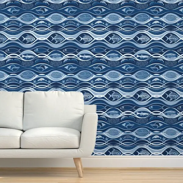 Spoonflower Ocean Life Classic Fish Sea Waves Abstract Custom Pre-pasted Wallpaper