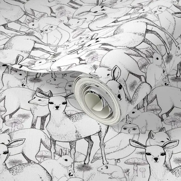Spoonflower Woodland White Owl Fox Animals Whimsical Forest Custom Pre-pasted Wallpaper - White,black,gray