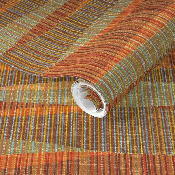 Spoonflower Brown Orange Aqua 60s Woven Texture Movement Custom Pre-pasted Wallpaper - Orange,brown,green