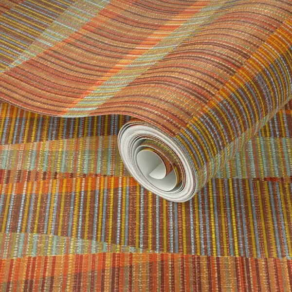 Spoonflower Brown Orange Aqua 60s Woven Texture Movement Custom Pre-pasted Wallpaper - Orange,brown,green