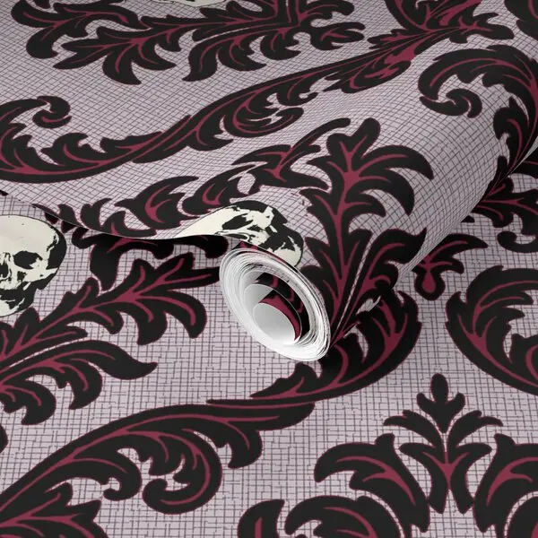 Spoonflower Skull Damask Skeleton Halloween Spooky Custom Pre-pasted Wallpaper - Black,purple,brown