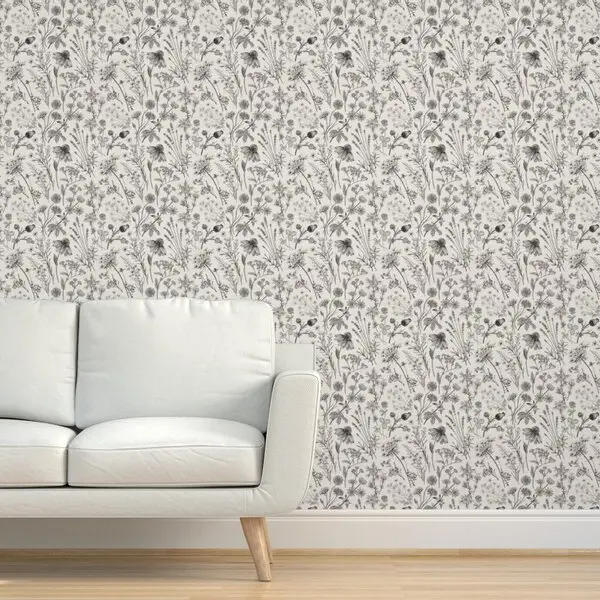 Spoonflower Black And White Wildflowers 100% Natural Sisal Grasscloth Wallcovering - Black,white