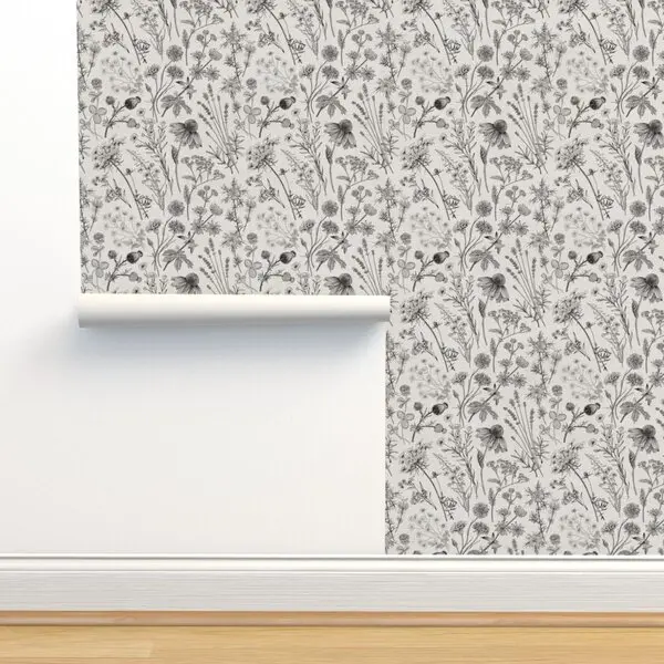 Spoonflower Black And White Wildflowers 100% Natural Sisal Grasscloth Wallcovering - Black,white