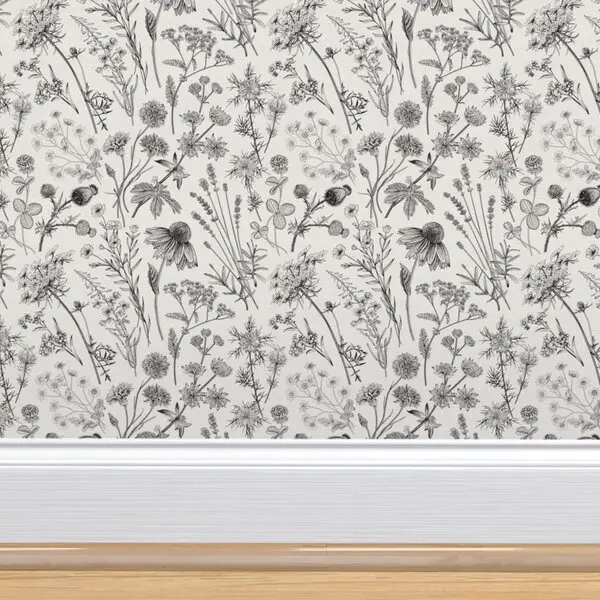 Spoonflower Black And White Wildflowers 100% Natural Sisal Grasscloth Wallcovering - Black,white
