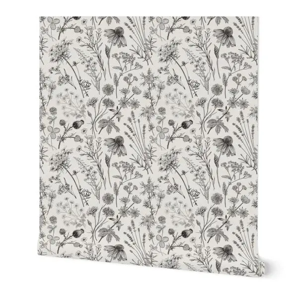 Spoonflower Black And White Wildflowers 100% Natural Sisal Grasscloth Wallcovering - Black,white