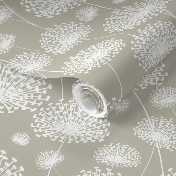 Spoonflower Nature White Floral Flowers Neutral Custom Pre-pasted Wallpaper - Beige,white,gray