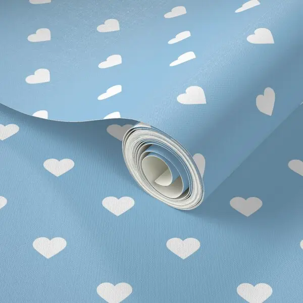 Spoonflower Sky Blue Polka Dots Hearts Cute Girly Love Custom Pre-pasted Wallpaper - Blue,white
