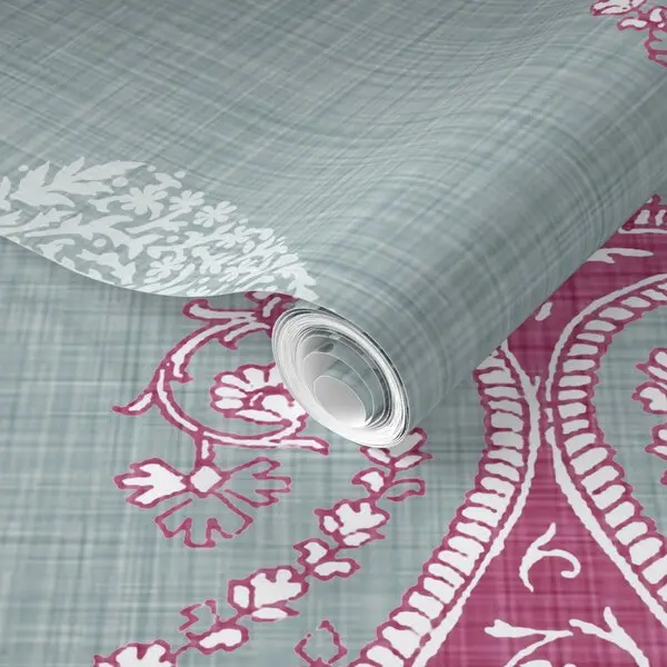Spoonflower Paisley Damask Moroccan Indian Custom Pre-pasted Wallpaper - Gray,pink,blue