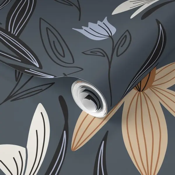 Spoonflower Blue Floral Contemporary Art Nouveau French Traditional Wallpaper - Gray,brown,black