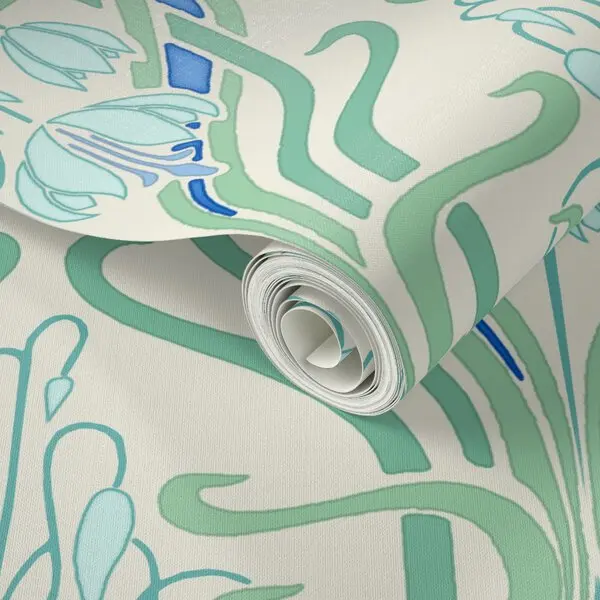 Spoonflower Flower Floral Art Nouveau Pastel Botanical Custom Pre-pasted Wallpaper - Green,blue,gray