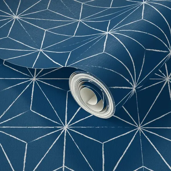 Spoonflower White Blue Star Geometric Japanese Sashiko Custom Pre-pasted Wallpaper - Blue,white