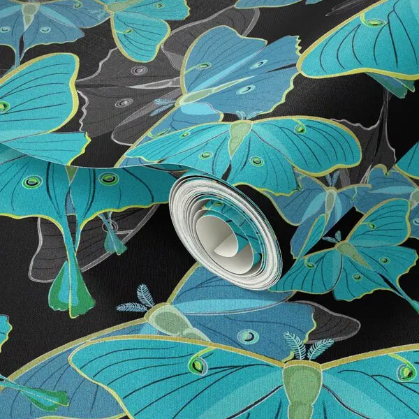 Spoonflower Moths Retro Jewel Tone Blue Custom Pre-pasted Wallpaper - Blue,black,green