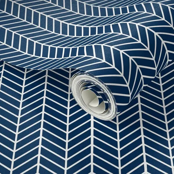 Spoonflower Blue Dark Navy Zigzag Herringbone Chevron Zig Zag Custom Pre-pasted Wallpaper - Blue,navy