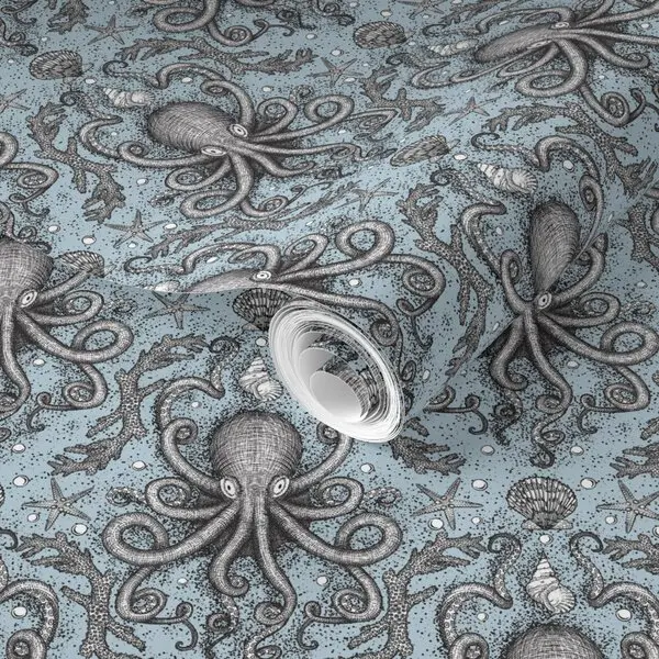 Spoonflower Vintage Blue Animal Victorian Beach Damask Sea Custom Removable Wallpaper - Blue,black,green
