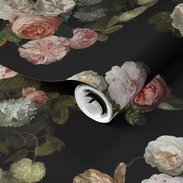 Spoonflower Moody Floral Black Romantic Goth Vintage Victorian Custom Pre-pasted Wallpaper - Black,pink,green