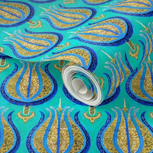Spoonflower Tulip Turquoise Silver And Gold Ottoman Custom Pre-pasted Wallpaper - Yellow,blue,turquoise