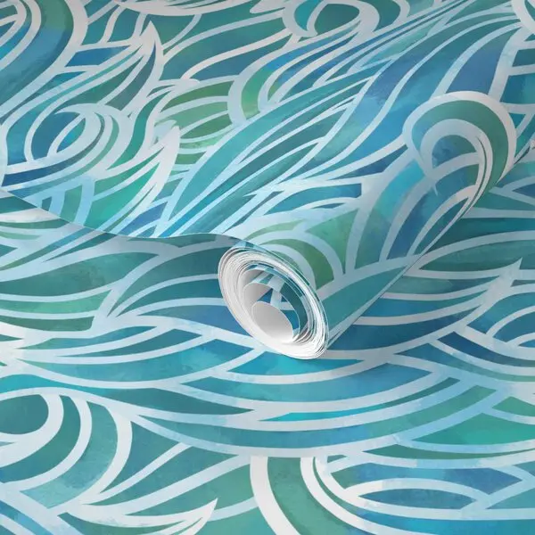 Spoonflower Blue Teal Turquoise Water Abstract Waves Sea Custom Pre-pasted Wallpaper - Blue,green,teal