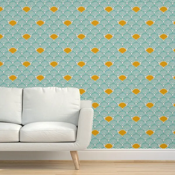 Spoonflower Blue Cloud And Rising Sun 100% Natural Sisal Grasscloth Wallcovering