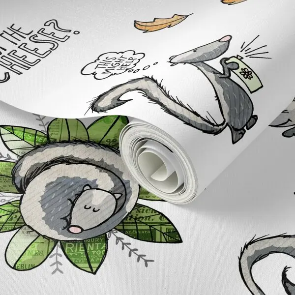Spoonflower Leaves Woodland Wild Humor Skunk Adventure Custom Pre-pasted Wallpaper - Gray,green