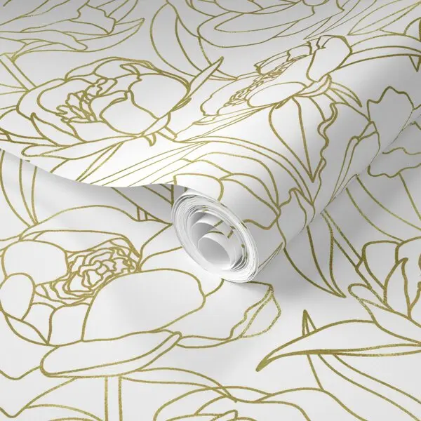 Spoonflower Elegant Hand Drawn Peonies Floral Modern Gold Custom Pre-pasted Wallpaper - Green,gray