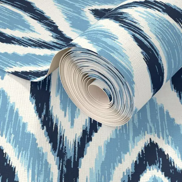 Spoonflower Blue And Navy Ikat For Ot 100% Natural Sisal Grasscloth Wallcovering - Navy,blue
