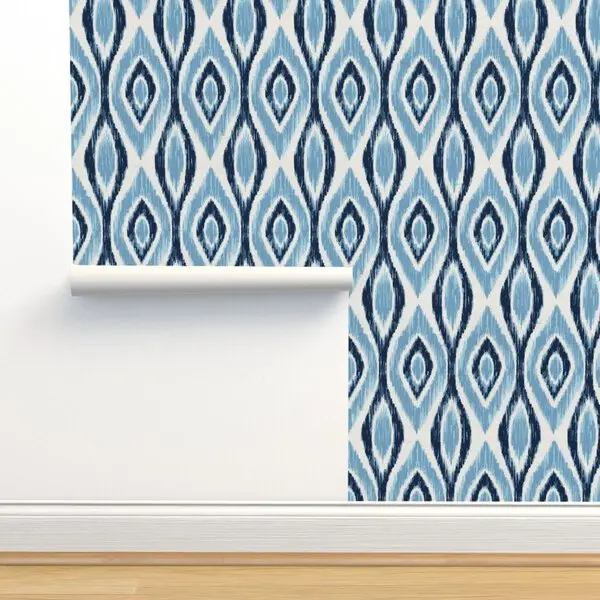 Spoonflower Blue And Navy Ikat For Ot 100% Natural Sisal Grasscloth Wallcovering - Navy,blue