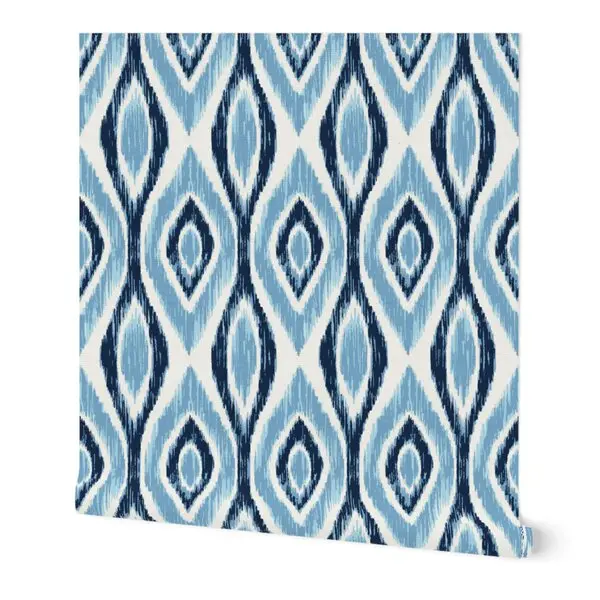 Spoonflower Blue And Navy Ikat For Ot 100% Natural Sisal Grasscloth Wallcovering - Navy,blue
