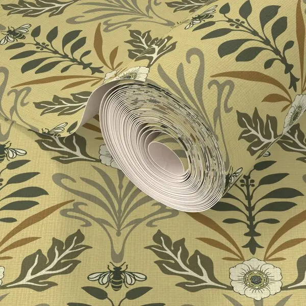 Spoonflower Art Nouveau Medium 100% Natural Sisal Grasscloth Wallcovering - Yellow
